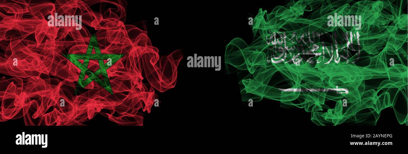 Flags of Morocco and Saudi Arabia on Black background, Morocco vs Saudi ...