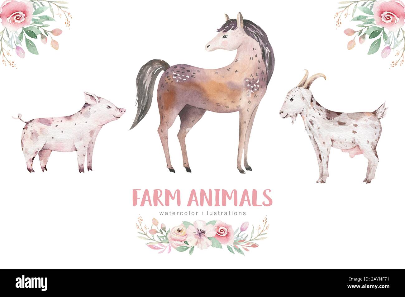 farms animal set. Cute domestic pets watercolor illustration. horse and ...