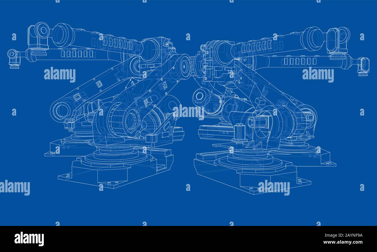 A industral robots manipulators. Blueprint style. Vector rendering from ...