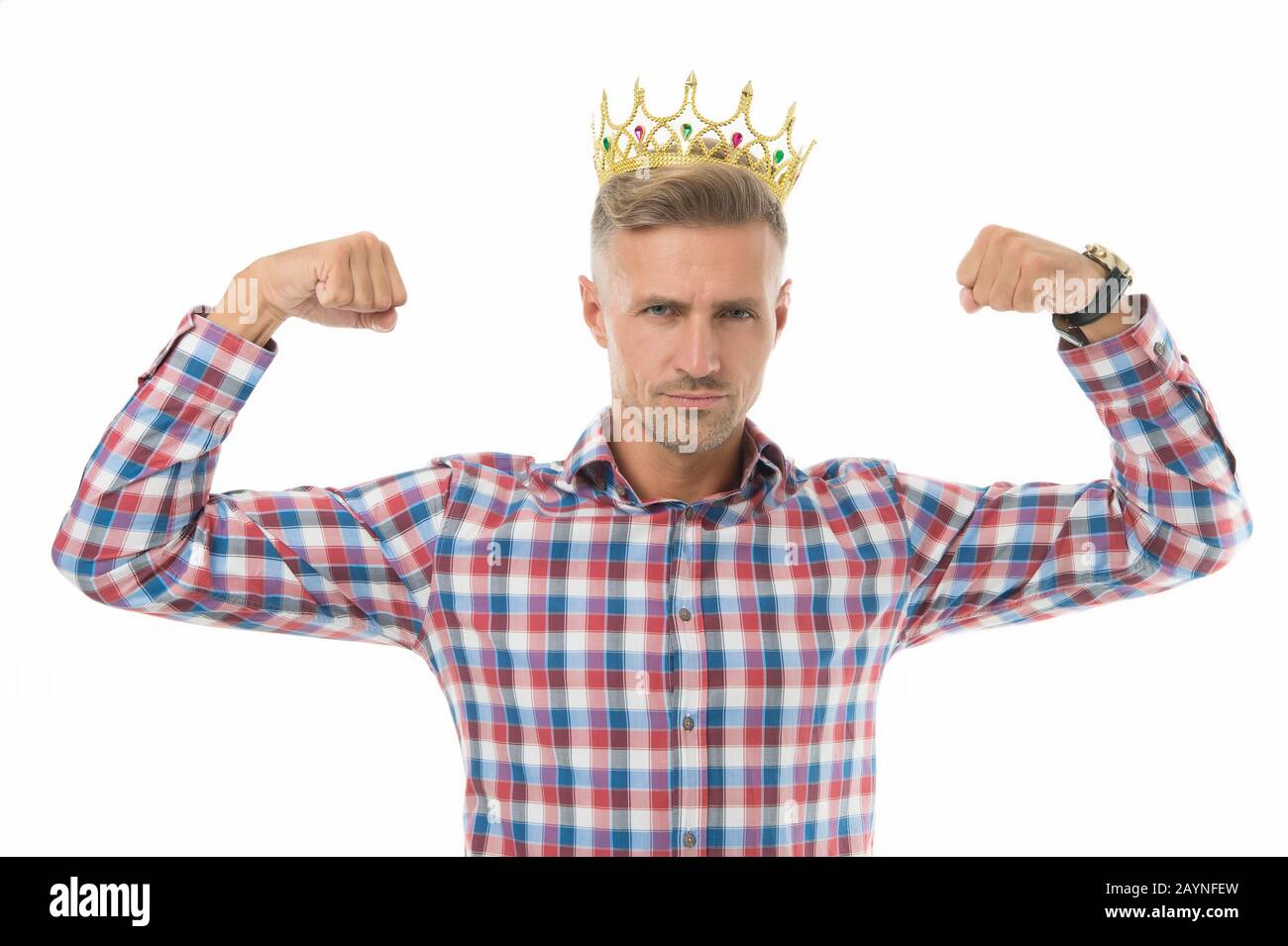 Live bigger. Big boss flex arms. Strong man wear crown. Big boss ...