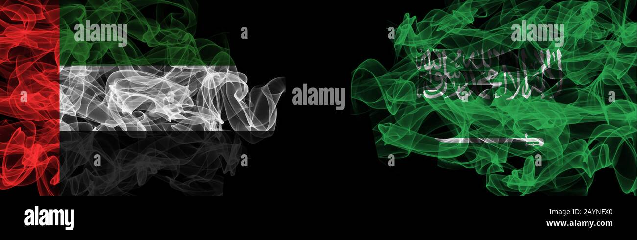 Flags of UAE and Saudi Arabia on Black background, UAE vs Saudi Arabia ...