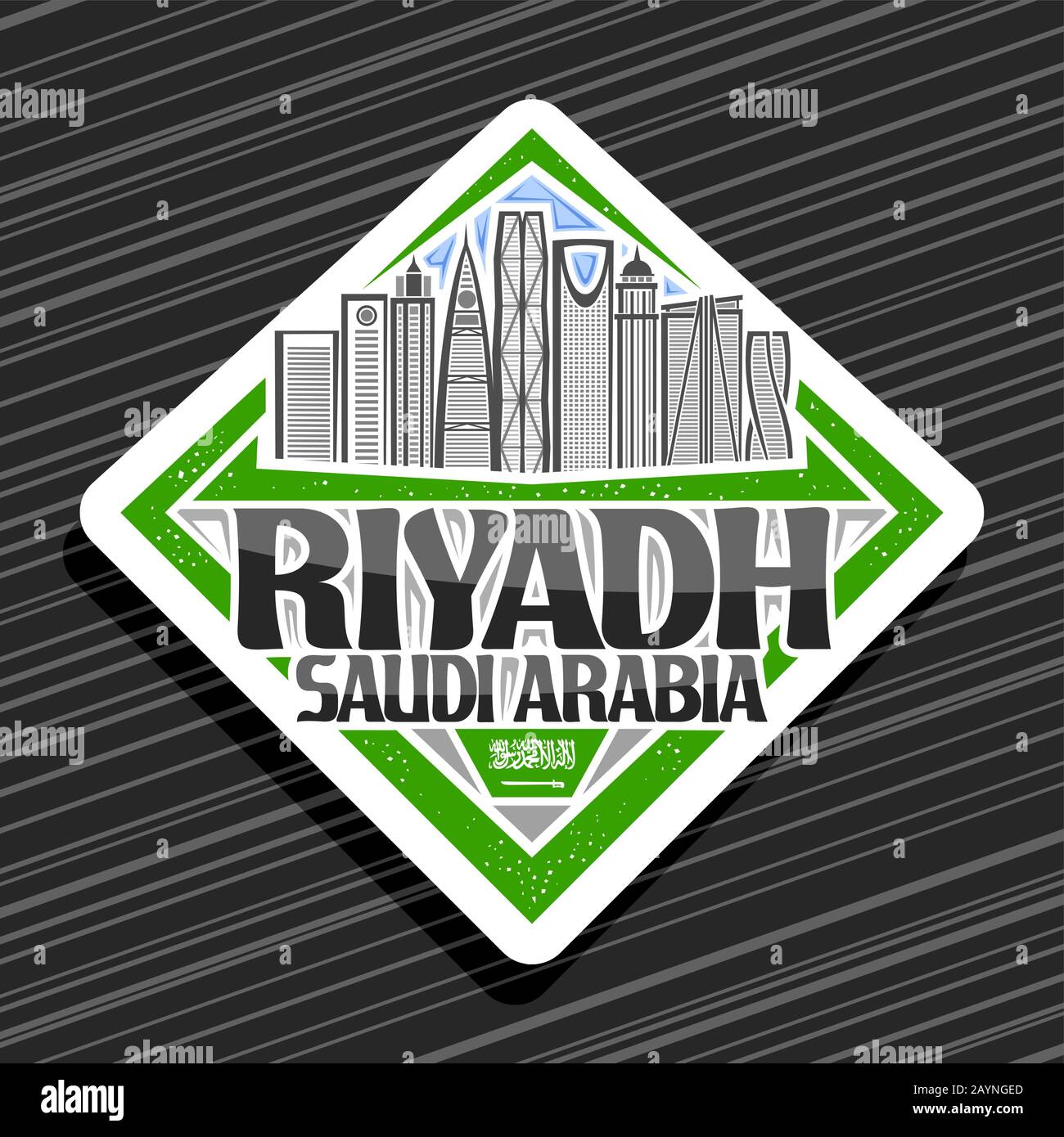 Vector logo for Riyadh, white rhombus stamp with line illustration of ...