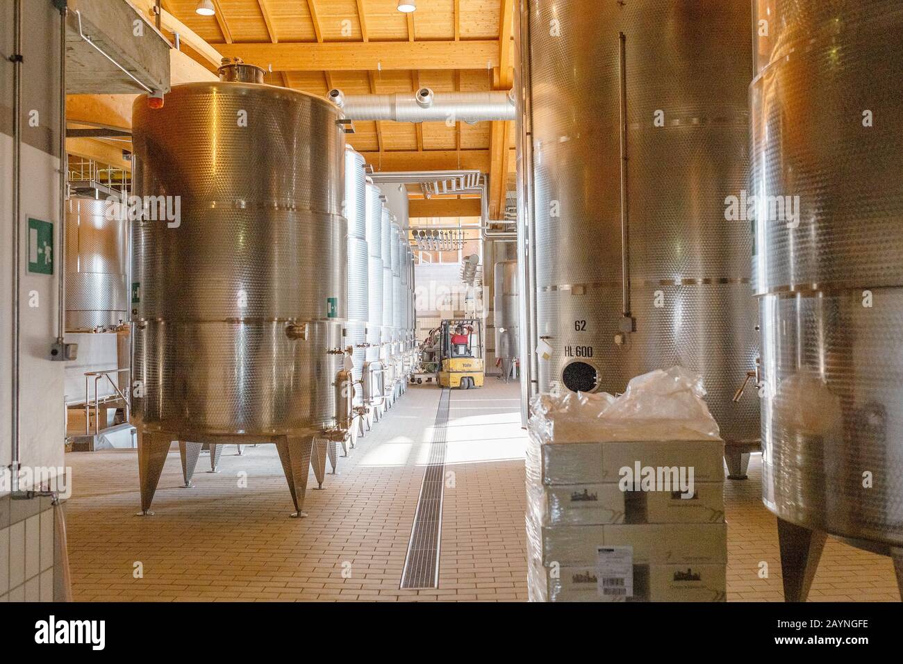 18 OCTOBER 2018, TUSCANY, ITALY: modern italian wine factory with large ...