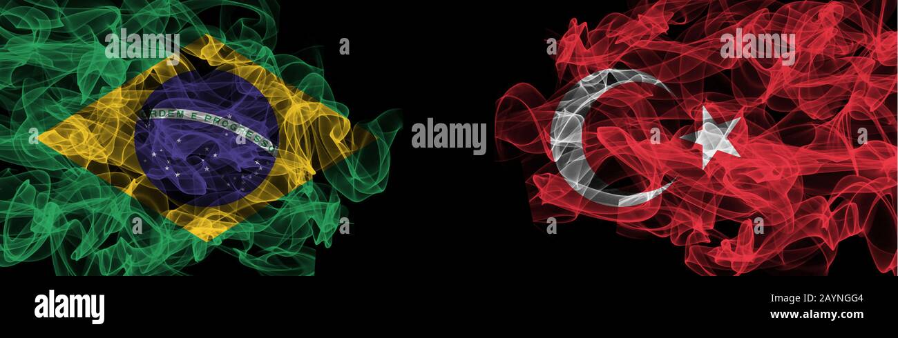 Flags of Brazil and Turkey on Black background, Brazil vs Turkey Smoke ...