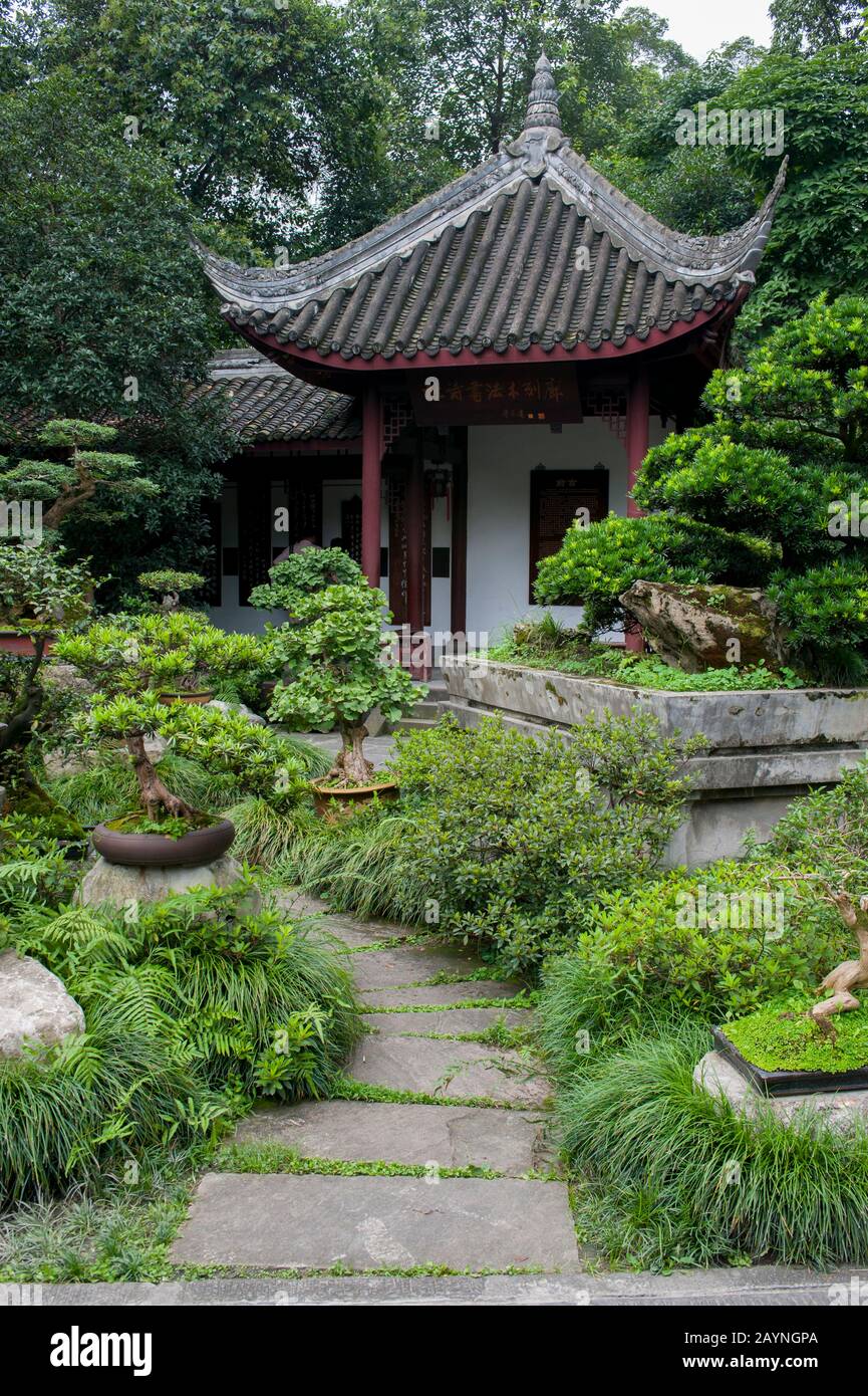 The bonsai garden and pavilion at the Du Fu Cottage of the poet Du Fu ...