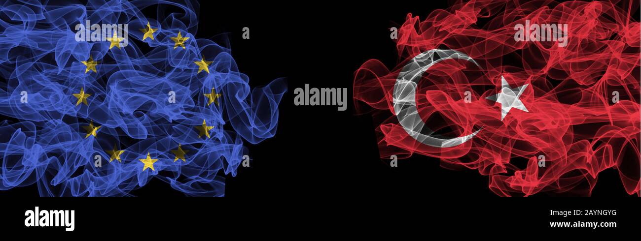 Flags of EU and Turkey on Black background, EU vs Turkey Smoke Flags ...