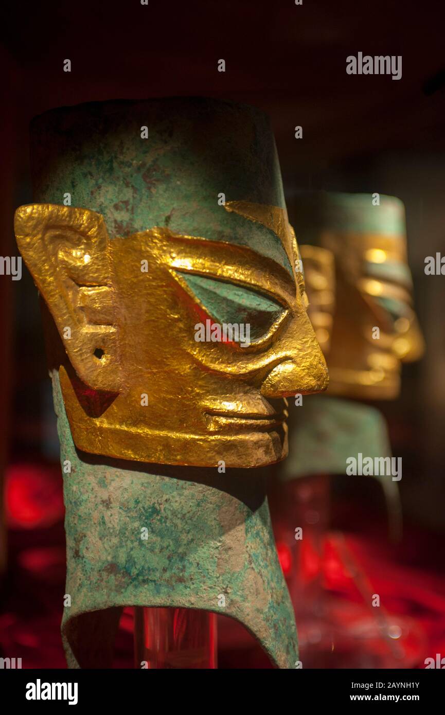 A bronze human head with gold mask from the 12th century BC in the ...