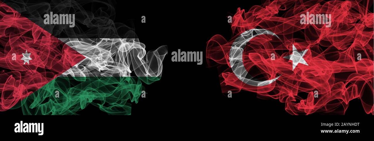Flags of Jordan and Turkey on Black background, Jordan vs Turkey Smoke ...