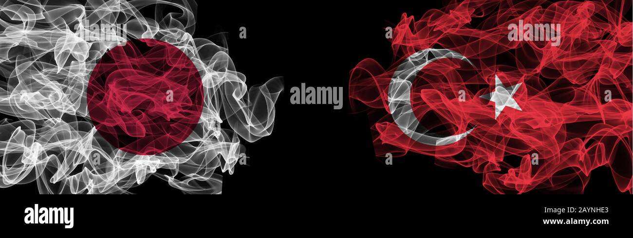 Flags of Japan and Turkey on Black background, Japan vs Turkey Smoke ...