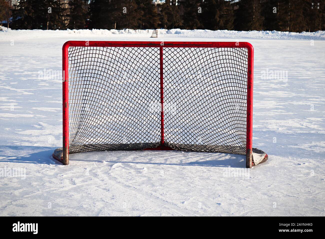 Views of a hockey net on an outdoor rink Stock Photo - Alamy