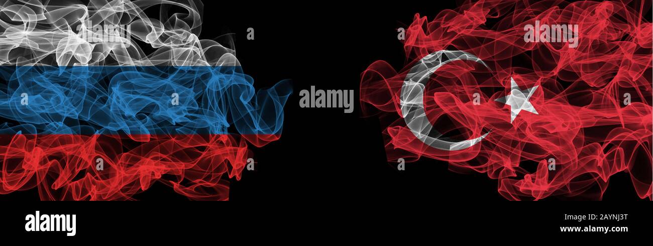 Flags of Russia and Turkey on Black background, Russia vs Turkey Smoke ...