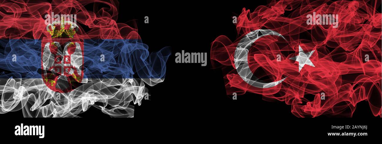 Flags of Serbia and Turkey on Black background, Serbia vs Turkey Smoke ...