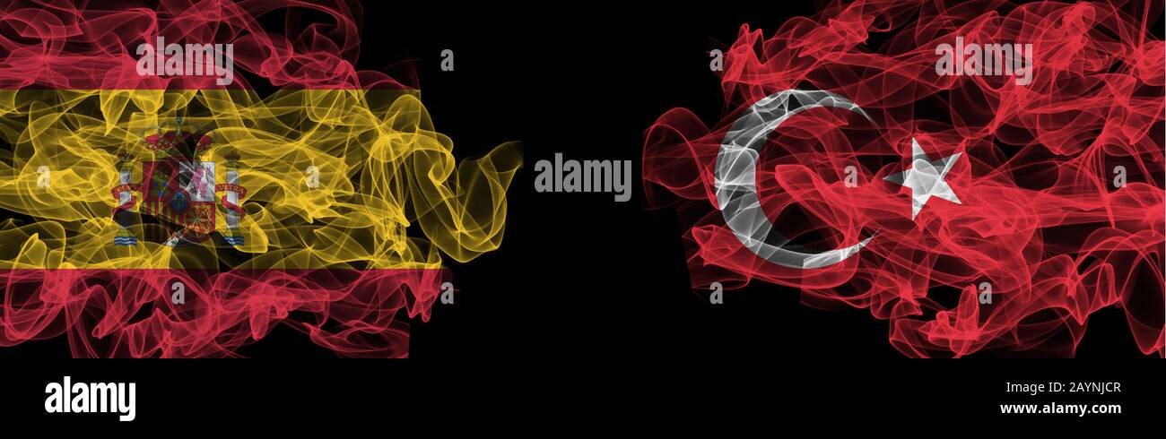 Flags of Spain and Turkey on Black background, Spain vs Turkey Smoke ...
