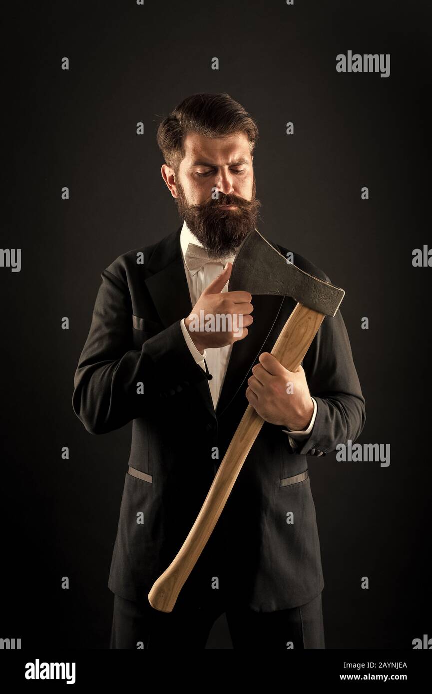 Sharp ax hand confident guy. Masculinity and brutality. Barbershop ...