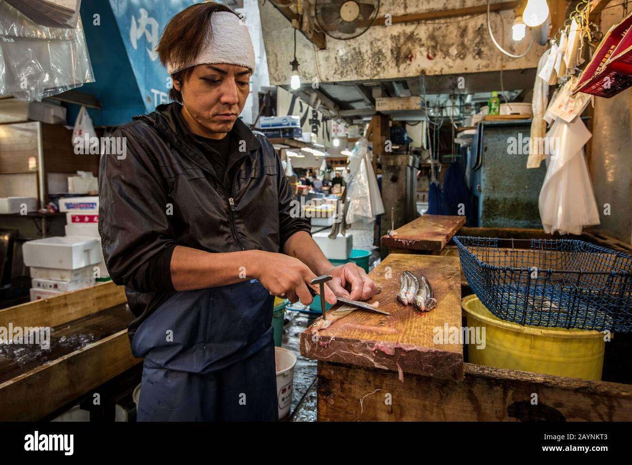 Fishmonger cutting a fish in Tsukiji Fish Market. Tokyo, Japan Stock ...