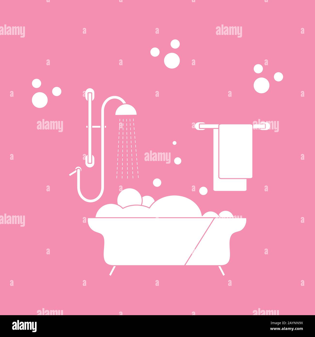 Vector Illustration Bath Shower Bubbles Towel Hanger Bath Time Concept Bathtub Bathroom