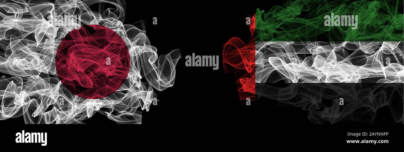 Flags of Japan and UAE on Black background, Japan vs United Arab ...