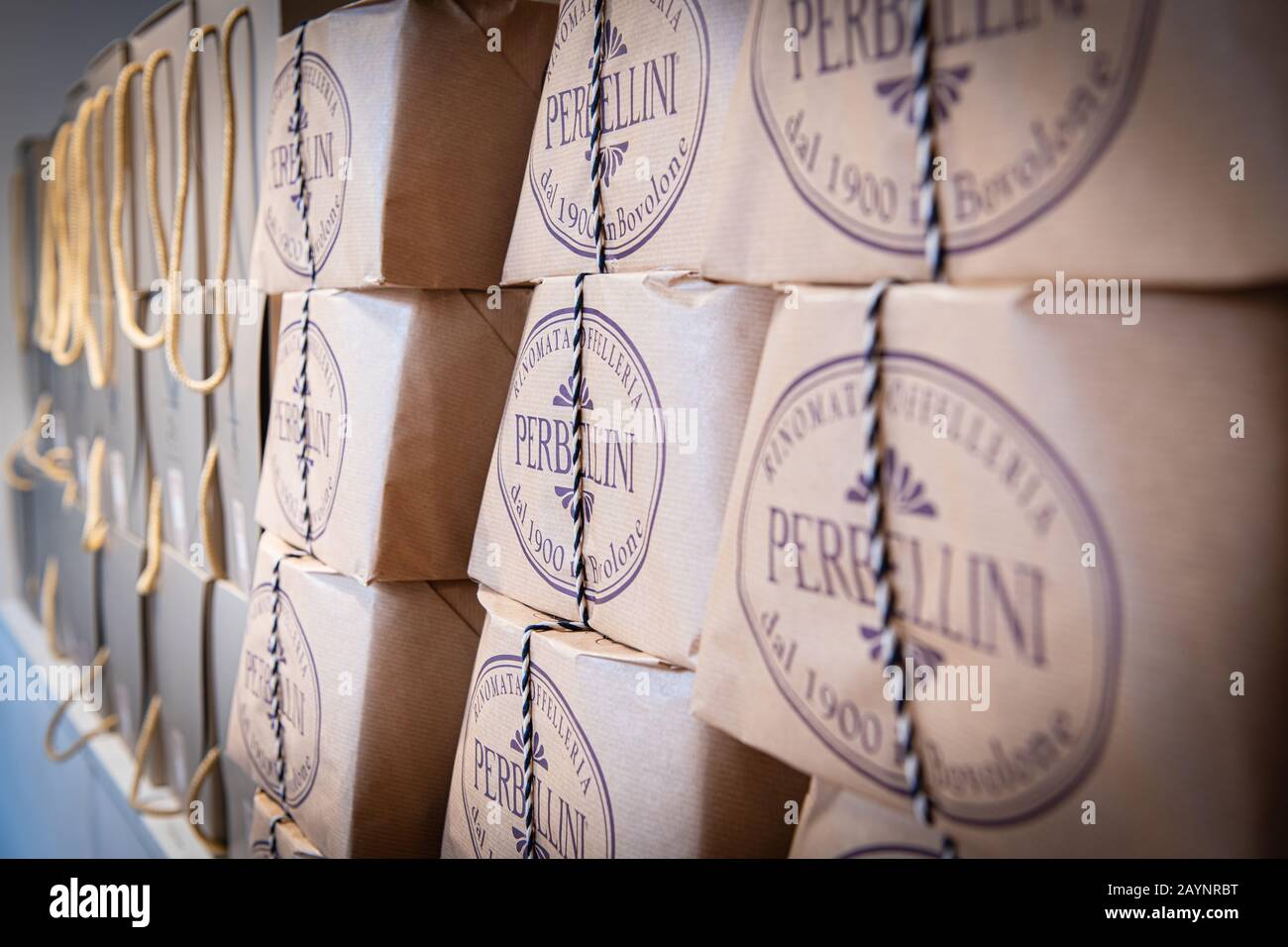 Rome Italy december 2019. Pastry shelf detail with many boxes aligned ...