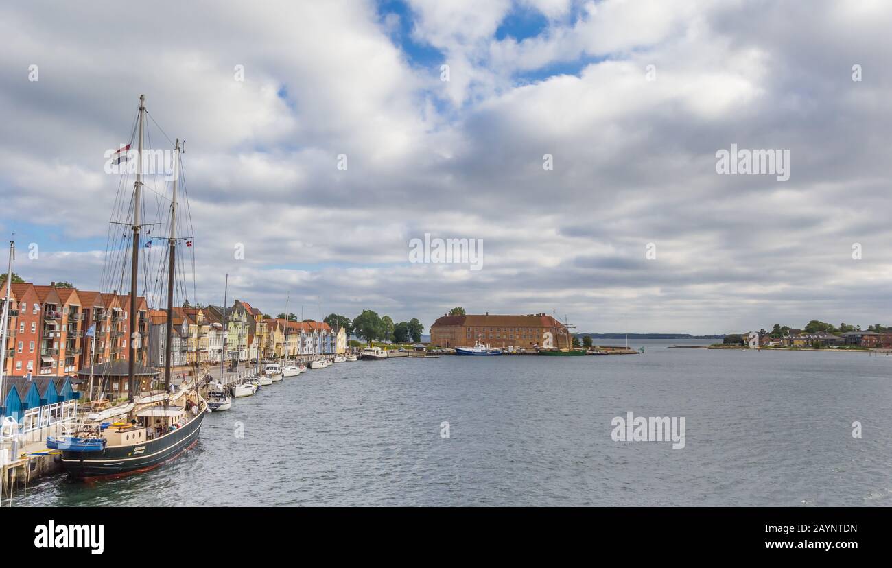 Large sailing ship in the historic harbor of Sonderborg, Denmark Stock ...