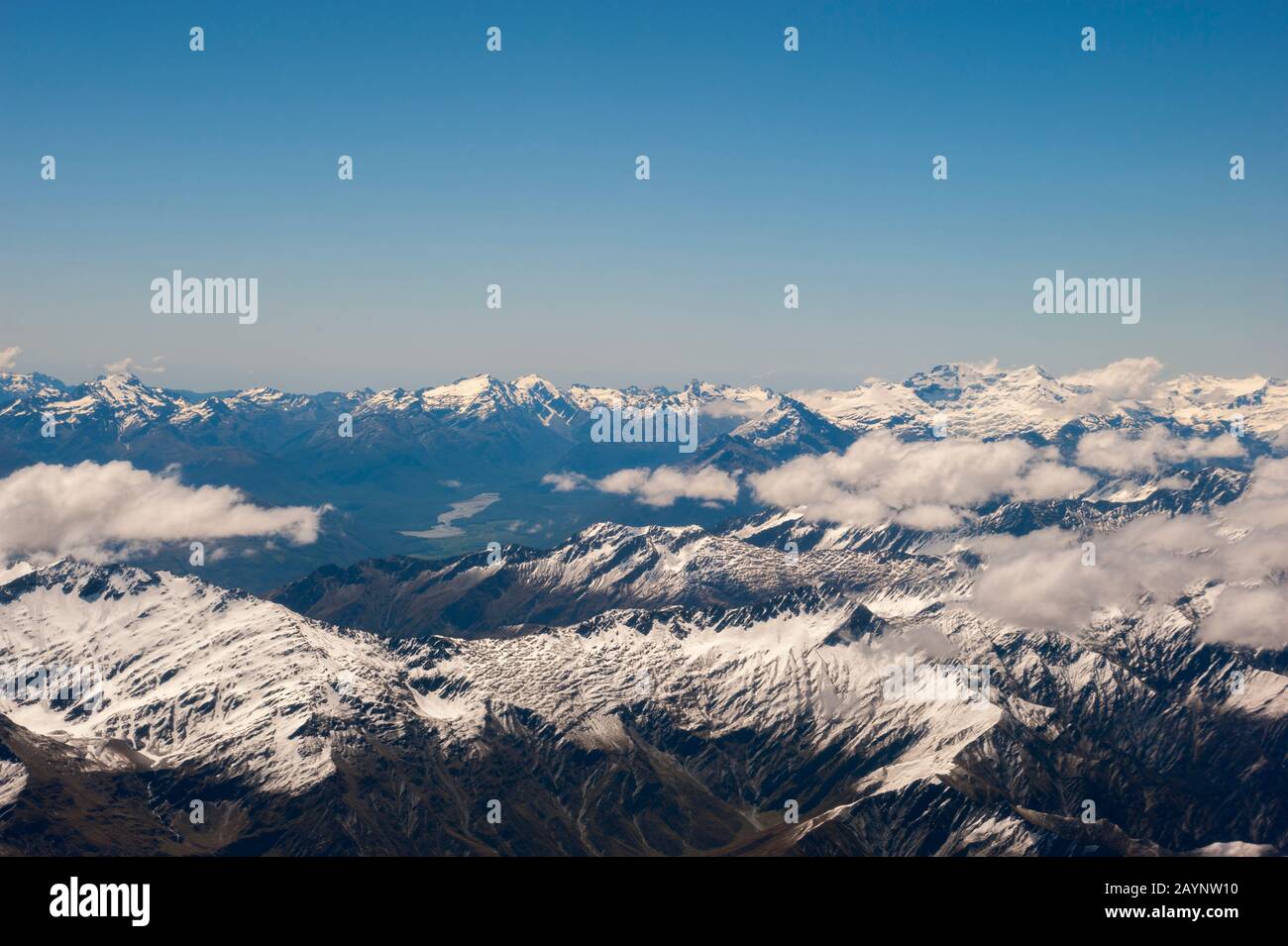 Aerial view of the Southern Alps on the South Island in New Zealand ...