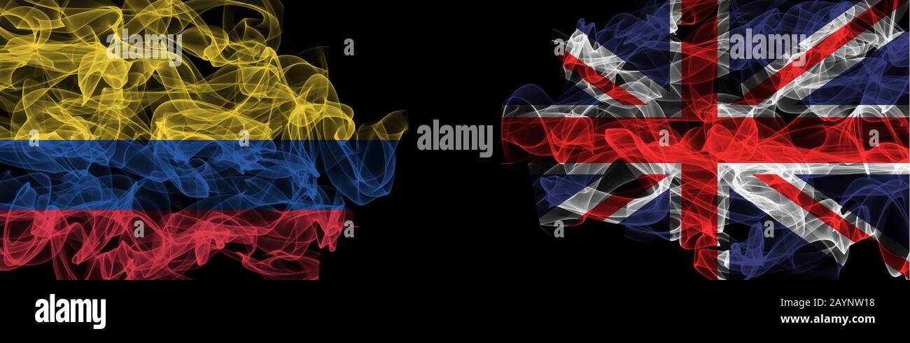 Flags of Colombia and United Kingdom on Black background, Colombia vs ...