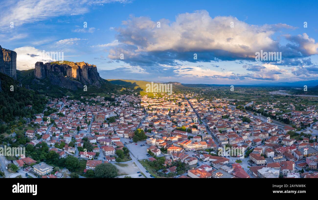 aerial view kalampaka city of famous meteora breath taking mountains ...