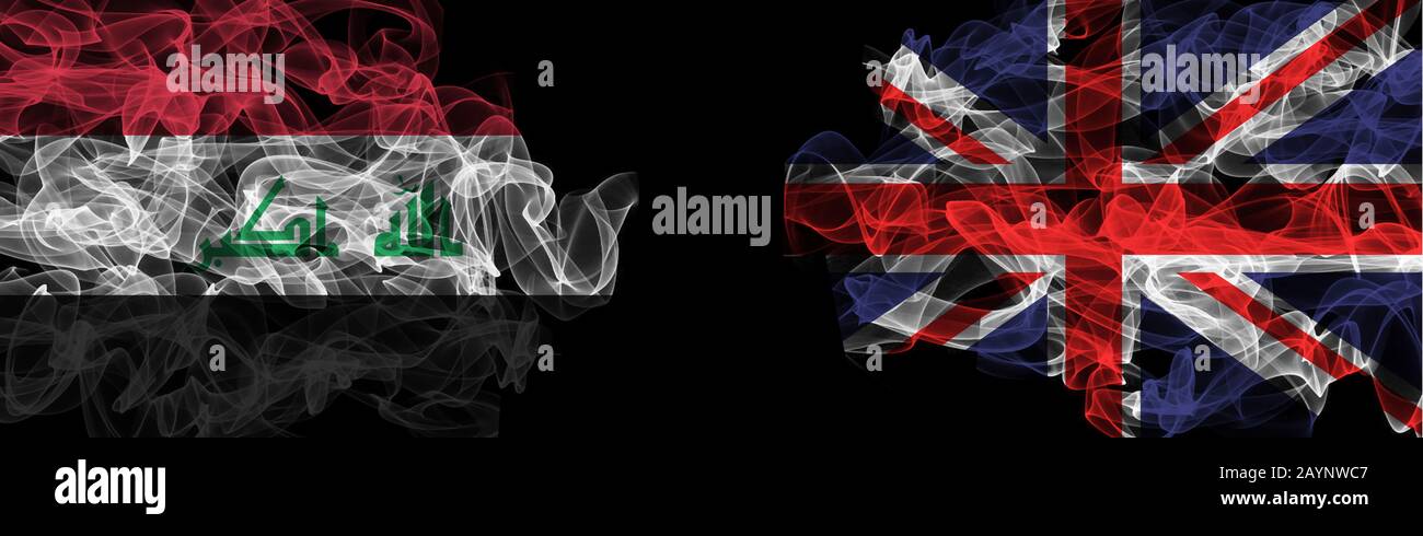 Flags of Iraq and United Kingdom on Black background, Iraq vs United ...
