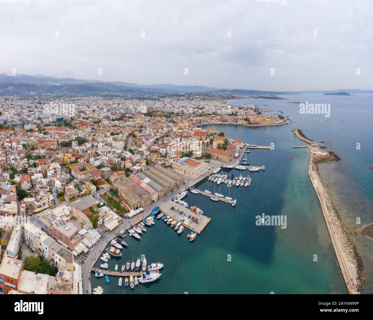 Panoramic aerial view from above of the city of Chania, Crete island ...