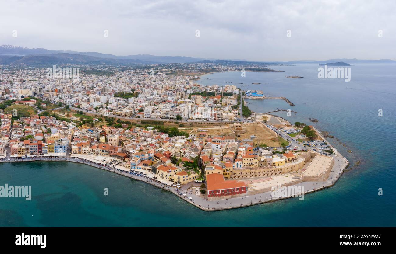 Panoramic aerial view from above of the city of Chania, Crete island ...