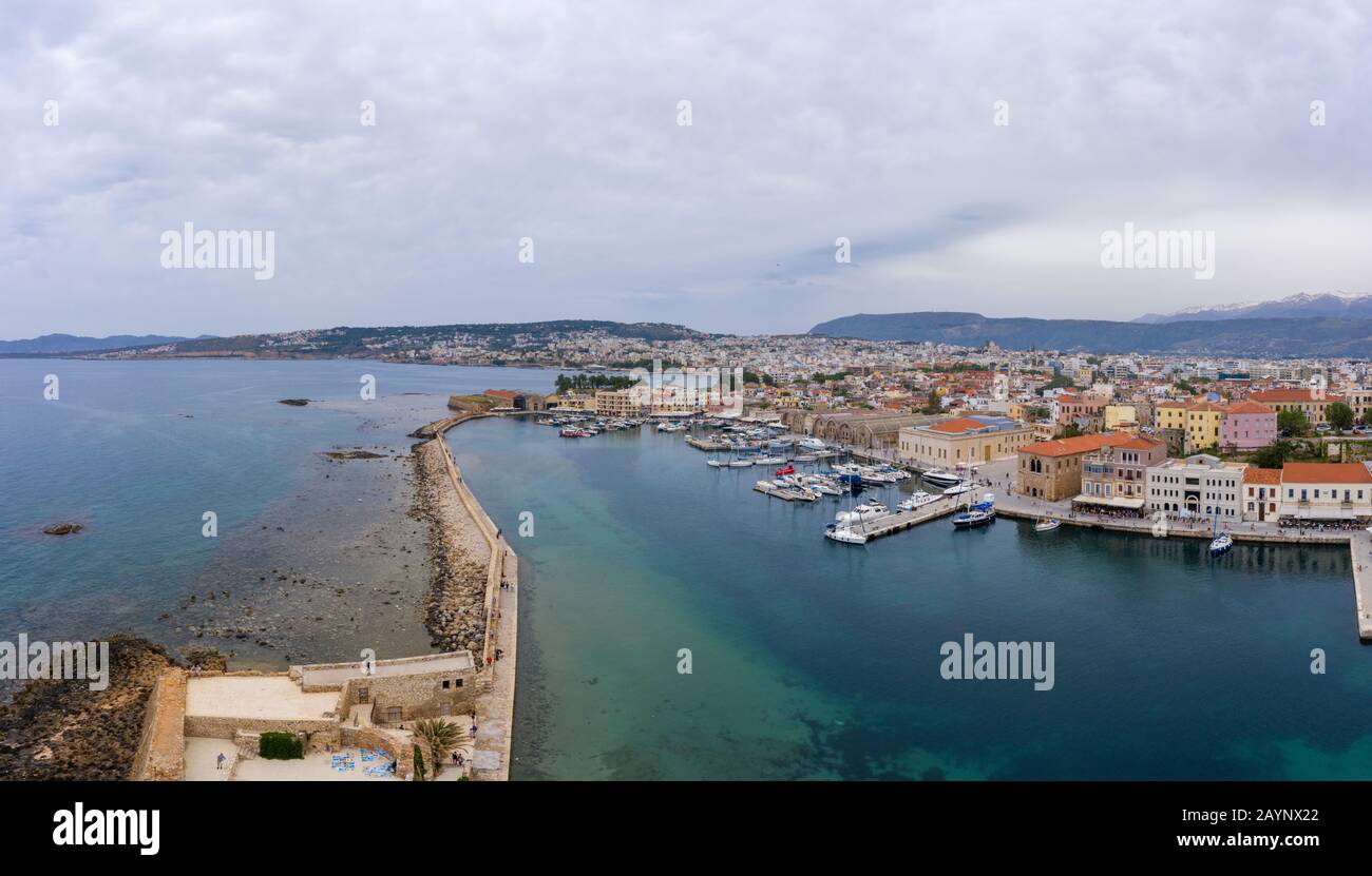 Panoramic aerial view from above of the city of Chania, Crete island ...