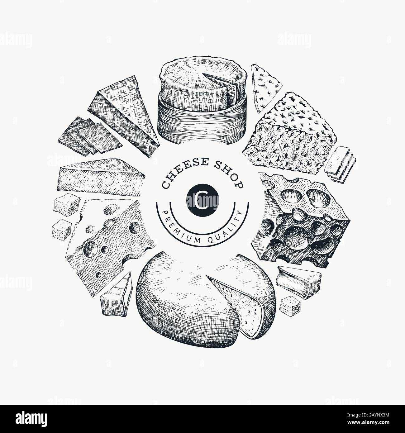 Cheese design template. Hand drawn vector dairy illustration. Engraved ...