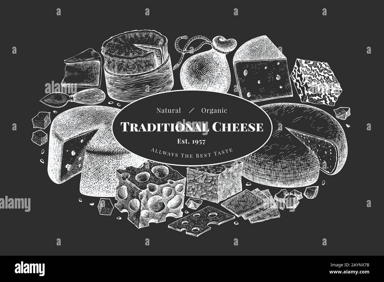 Cheese design template. Hand drawn vector dairy illustration on chalk ...