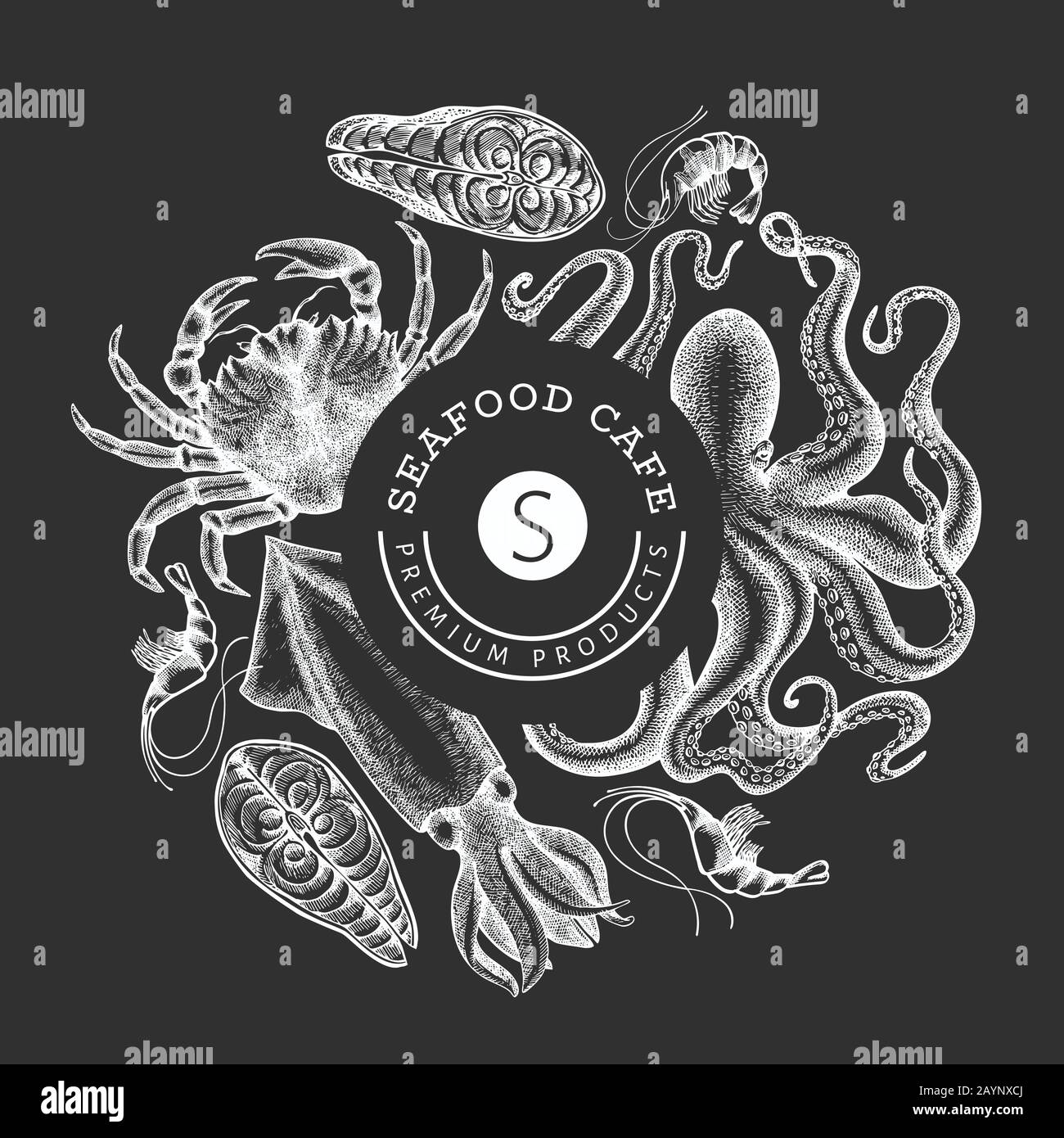Seafood design template. Hand drawn vector seafood illustration on ...