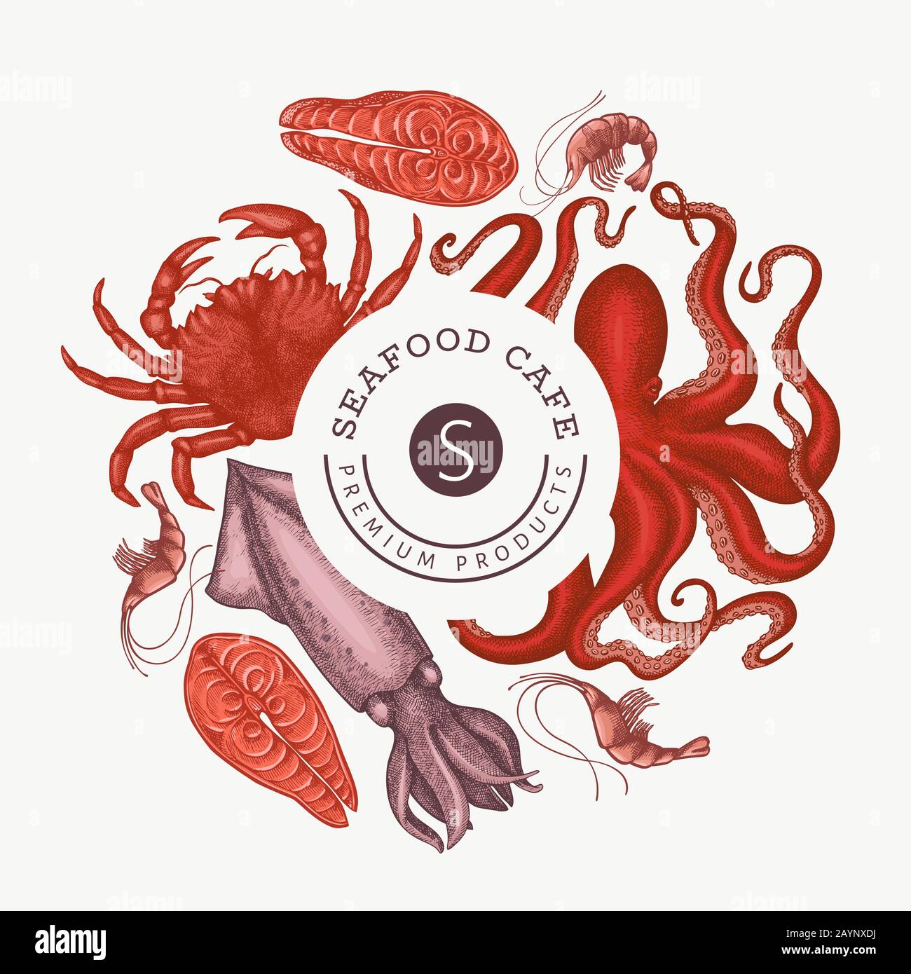 Seafood design template. Hand drawn vector seafood illustration ...