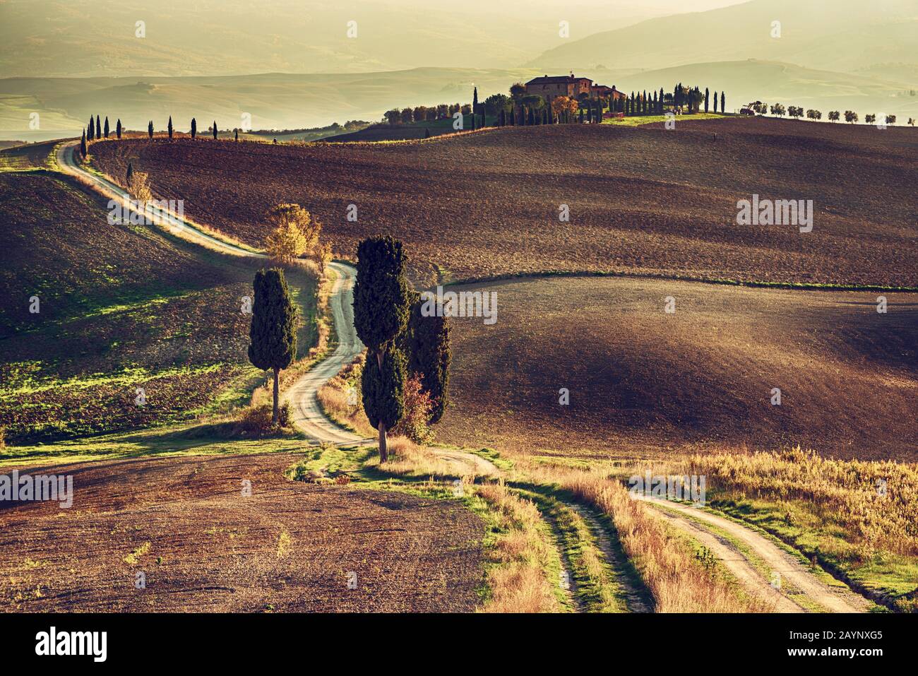 Famous landscape with Gladiator road in Tuscany, Italy. Natural ...