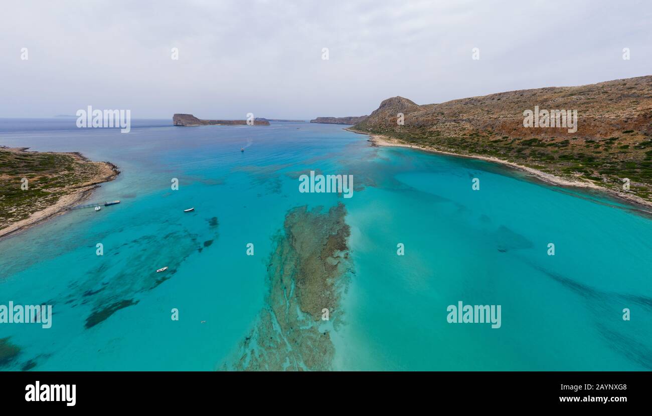 Amazing aerial panoramic view on the famous Balos beach in Balos lagoon ...