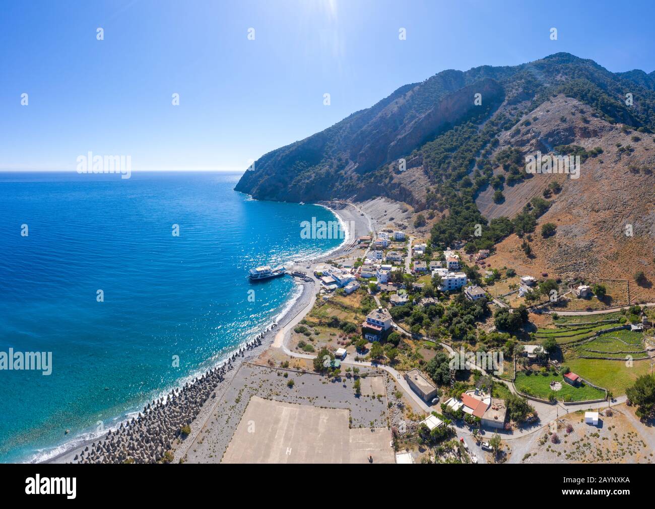 Aerial panoramic shot of Agia Roumeli beach in Chania of Crete, Greece ...
