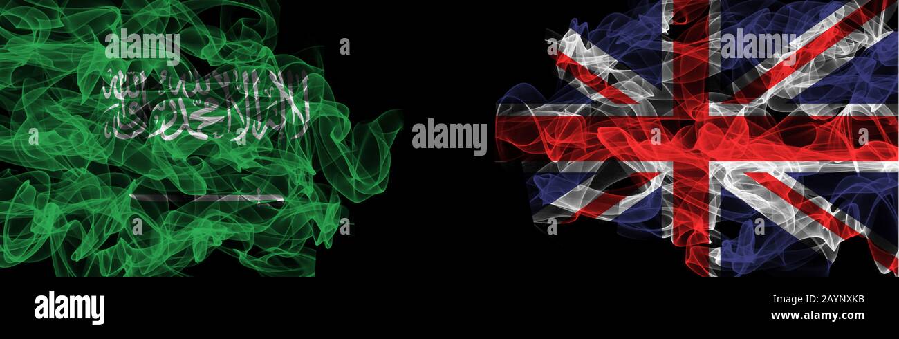Flags of Saudi Arabia and United Kingdom on Black background, Saudi ...