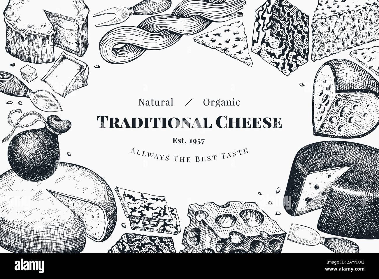 Cheese design template. Hand drawn vector dairy illustration. Engraved ...