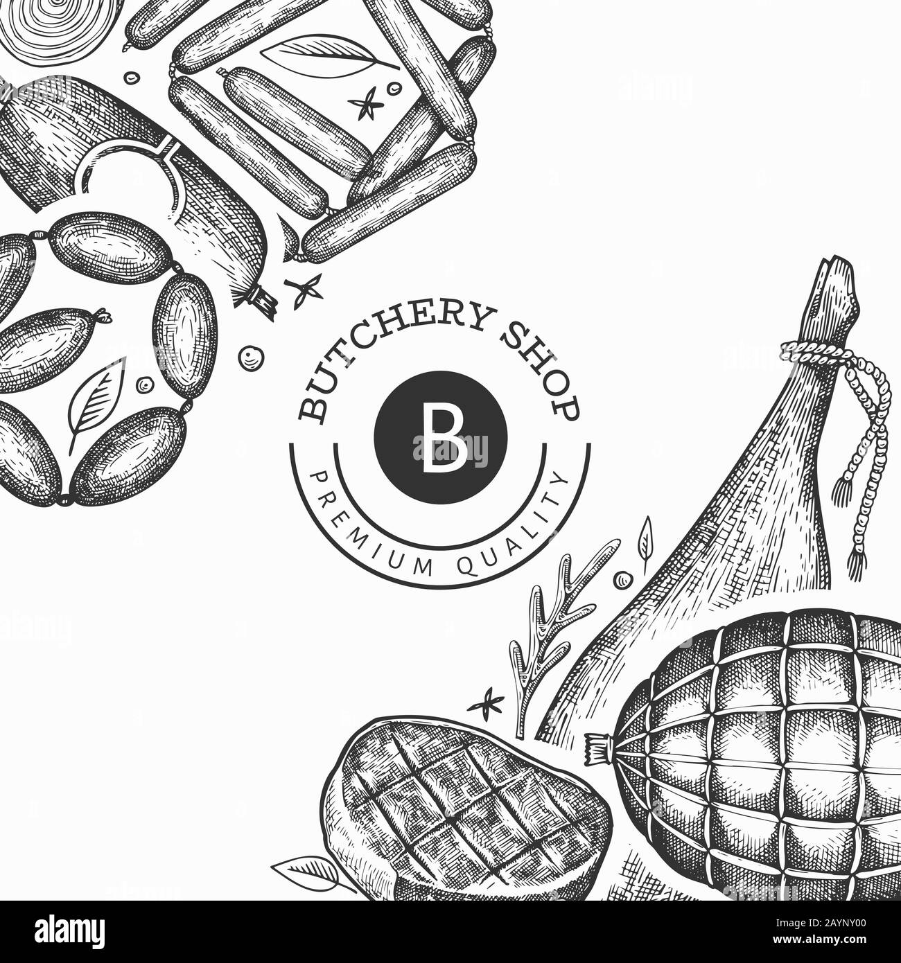 Retro vector meat products design template. Hand drawn ham, sausages ...
