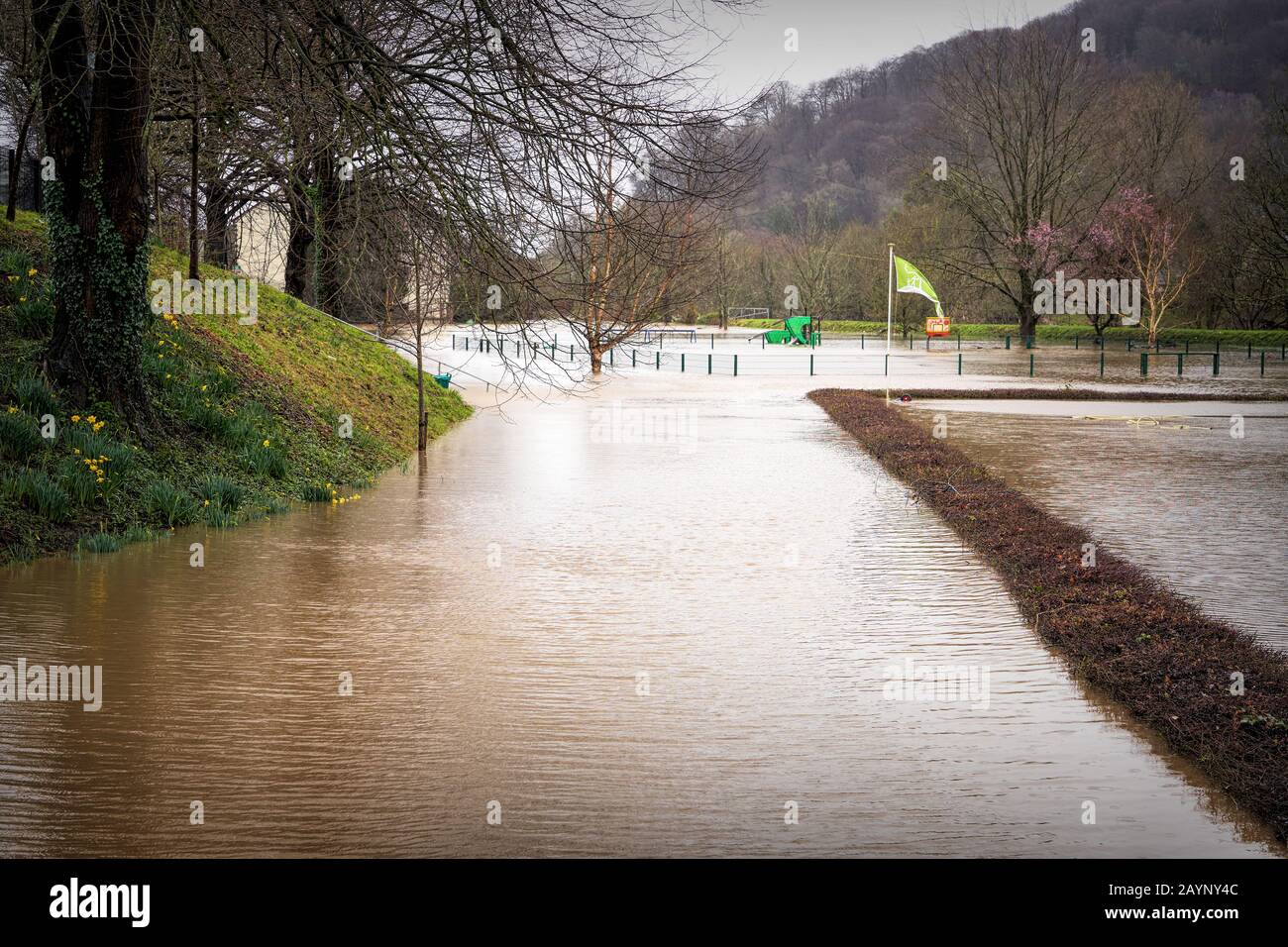 Taffs Well Park, South Wales, is flooded after The River Taff bursts ...