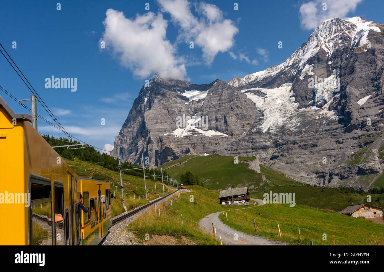 Beautiful Swiss Alps views on the yellow train of the Wengernalp ...
