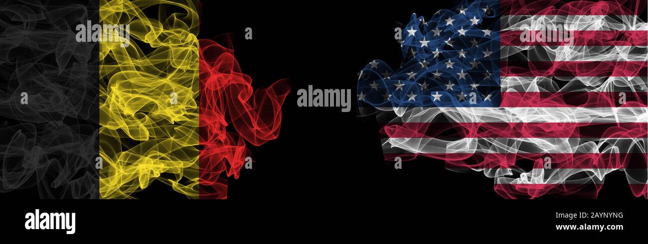 Flags of Belgium and USA on Black background, Belgium vs USA Smoke ...