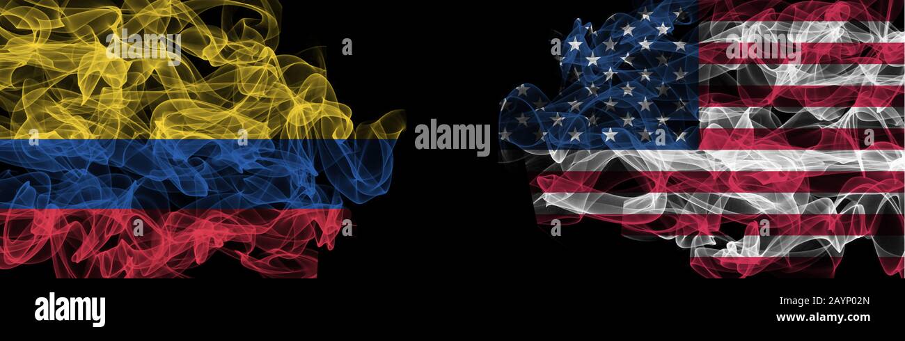 Flags of Colombia and USA on Black background, Colombia vs USA Smoke ...