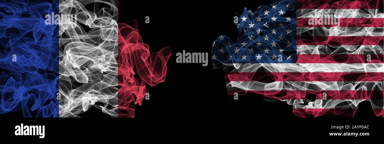 Flags of France and USA on Black background, France vs USA Smoke Flags ...