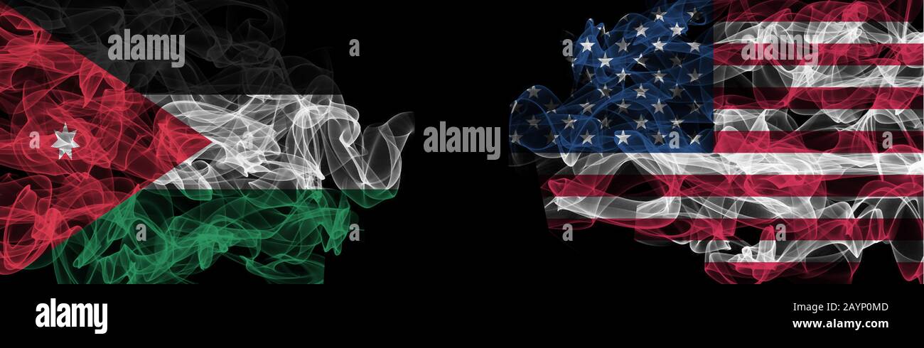 Flags of Jordan and USA on Black background, Jordan vs USA Smoke Flags ...