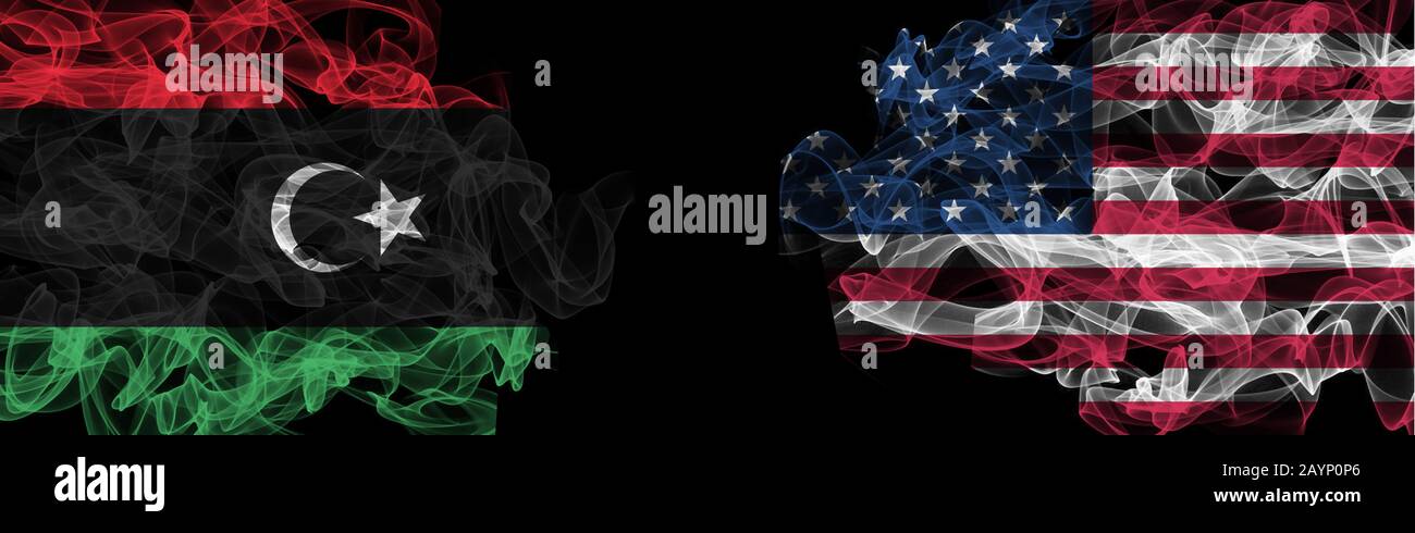 Flags of Libya and USA on Black background, Libya vs USA Smoke Flags ...