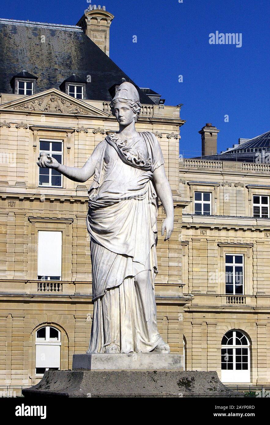 Statue of goddess Minerva with an owl in her hand, in front of the ...