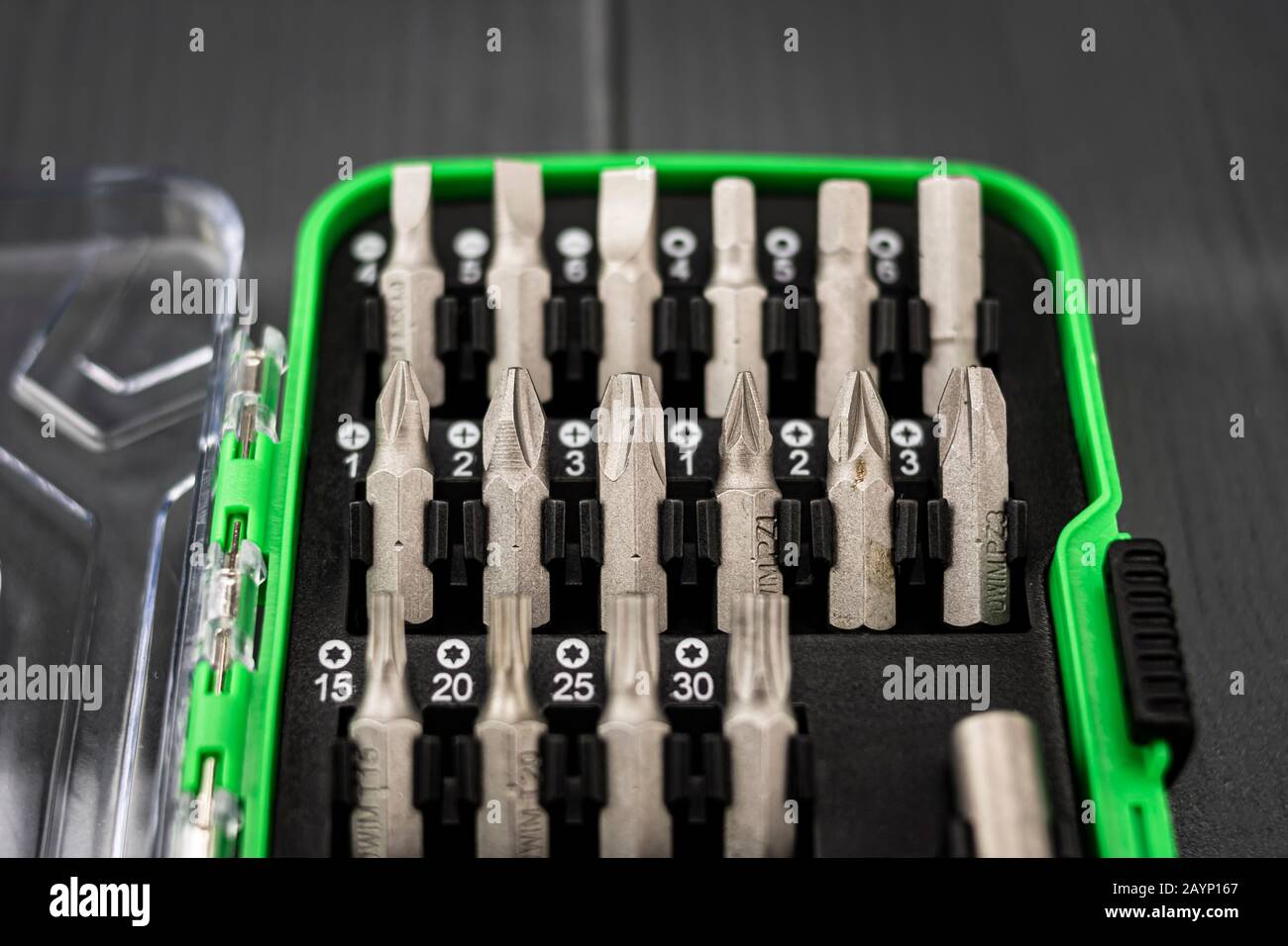 toolbox with many interchangeable screwdriver tips Stock Photo - Alamy