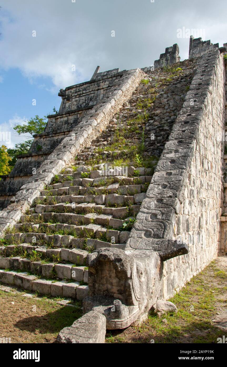Serpent heads on the base of the staircase of the tomb of the Grand ...